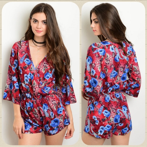 Pants & Jumpsuits | Burgundy Blue Flowers Romper | Poshmark